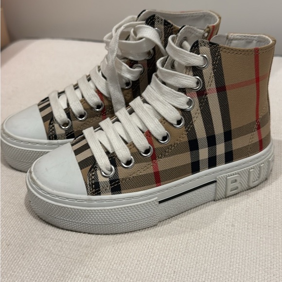 Burberry | Shoes | Burberry Beige And Red Checkered Hightops | Poshmark